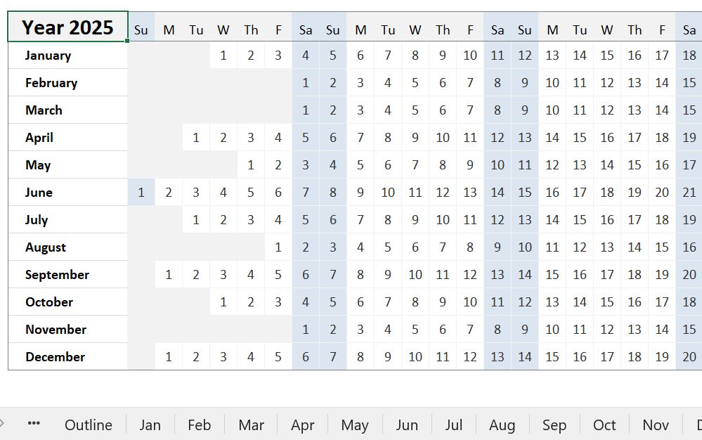 Spreadsheet calendar with dynamic dates - All Templates